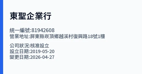 東聖企業行的照片-統編 81942608(屏東縣) 公司登記資料與營業項目詳細圖表