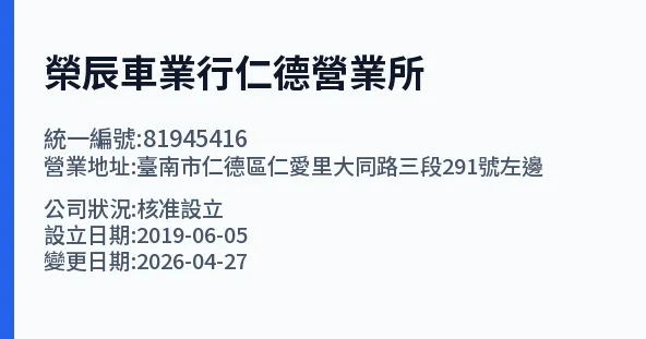 榮辰車業行仁德營業所的照片-統編 81945416(臺南市) 公司登記資料與營業項目詳細圖表