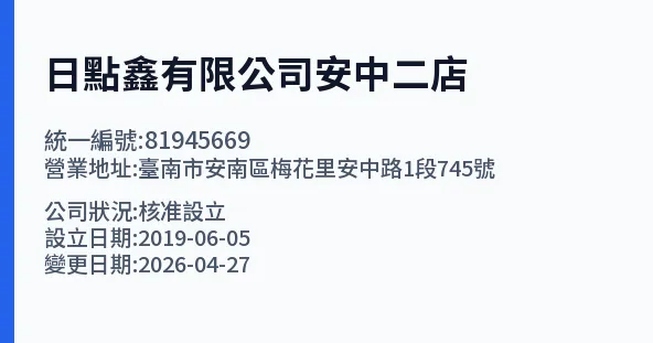 日點鑫有限公司安中二店的照片-統編 81945669(臺南市) 公司登記資料與營業項目詳細圖表
