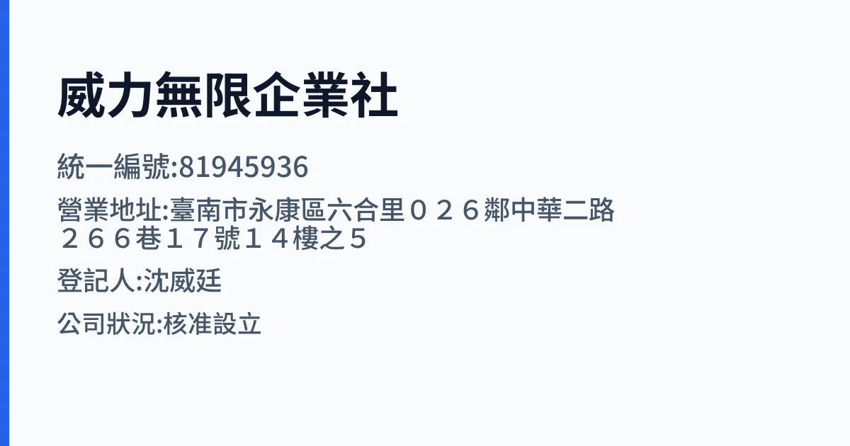 威力無限企業社 - 統編 81945936(臺南市) 公司登記資料與營業項目詳細圖表