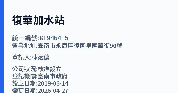 復華加水站的照片-統編 81946415(臺南市) 公司登記資料與營業項目詳細圖表