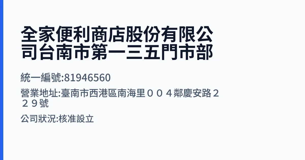 全家便利商店股份有限公司台南市第一三五門市部 - 統編 81946560(臺南市) 公司登記資料與營業項目詳細圖表