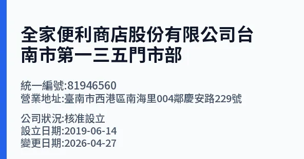 全家便利商店股份有限公司台南市第一三五門市部的照片-統編 81946560(臺南市) 公司登記資料與營業項目詳細圖表
