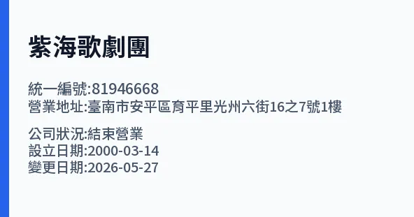 紫海歌劇團的照片-統編 81946668(臺南市) 公司登記資料與營業項目詳細圖表