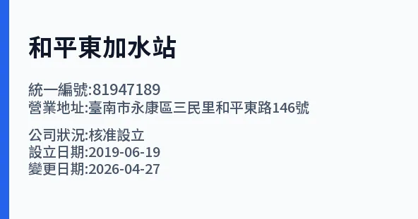 和平東加水站的照片-統編 81947189(臺南市) 公司登記資料與營業項目詳細圖表
