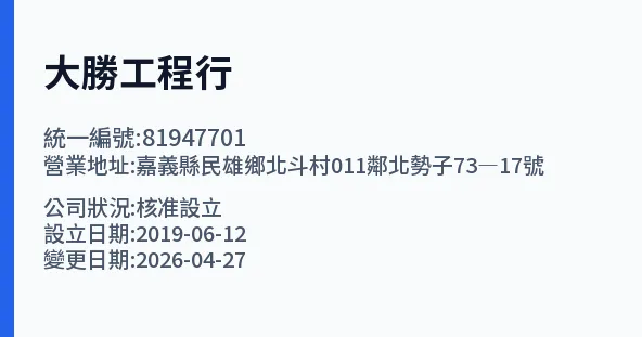 大勝工程行的照片-統編 81947701(嘉義縣) 公司登記資料與營業項目詳細圖表