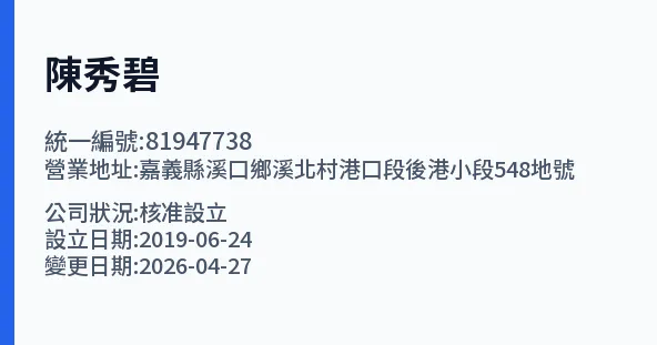 陳秀碧的照片-統編 81947738(嘉義縣) 公司登記資料與營業項目詳細圖表