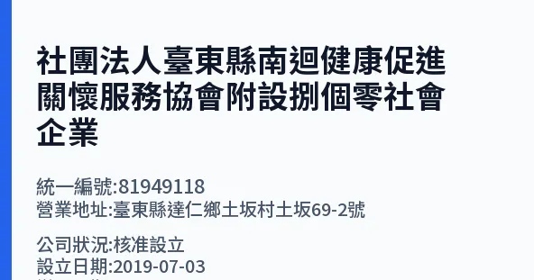 社團法人臺東縣南迴健康促進關懷服務協會附設捌個零社會企業的照片-統編 81949118(臺東縣) 公司登記資料與營業項目詳細圖表