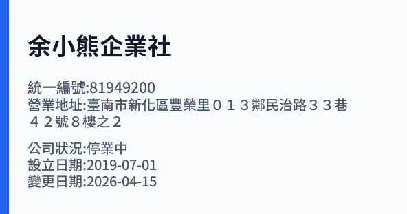 余小熊企業社的照片-統編 81949200(臺南市) 公司登記資料與營業項目詳細圖表