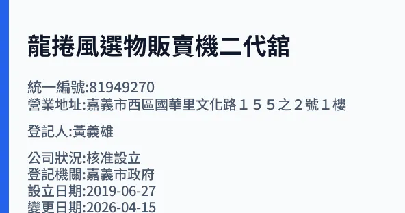 龍捲風選物販賣機二代舘的照片-統編 81949270(嘉義市) 公司登記資料與營業項目詳細圖表