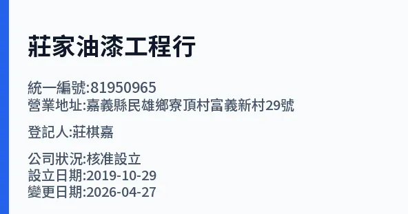 莊家油漆工程行的照片-統編 81950965(嘉義縣) 公司登記資料與營業項目詳細圖表
