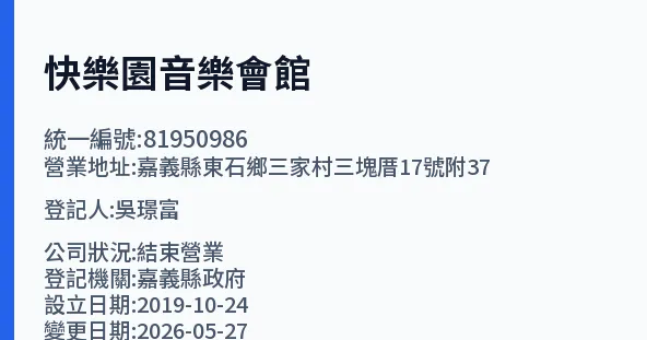 快樂園音樂會館的照片-統編 81950986(嘉義縣) 公司登記資料與營業項目詳細圖表