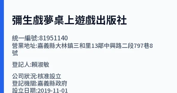 彌生戲夢桌上遊戲出版社的照片-統編 81951140(嘉義縣) 公司登記資料與營業項目詳細圖表