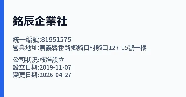 銘辰企業社的照片-統編 81951275(嘉義縣) 公司登記資料與營業項目詳細圖表