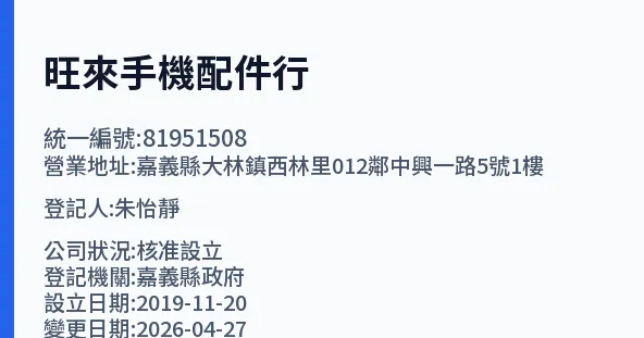 旺來手機配件行的照片-統編 81951508(嘉義縣) 公司登記資料與營業項目詳細圖表
