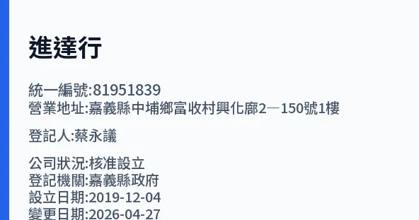 進達行的照片-統編 81951839(嘉義縣) 公司登記資料與營業項目詳細圖表