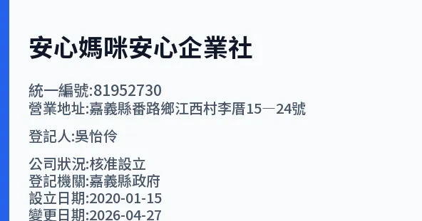 安心媽咪安心企業社的照片-統編 81952730(嘉義縣) 公司登記資料與營業項目詳細圖表