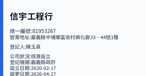 信宇工程行的照片-統編 81953267(嘉義縣) 公司登記資料與營業項目詳細圖表