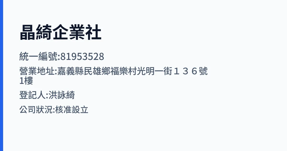 晶綺企業社 - 統編 81953528(嘉義縣) 公司登記資料與營業項目詳細圖表