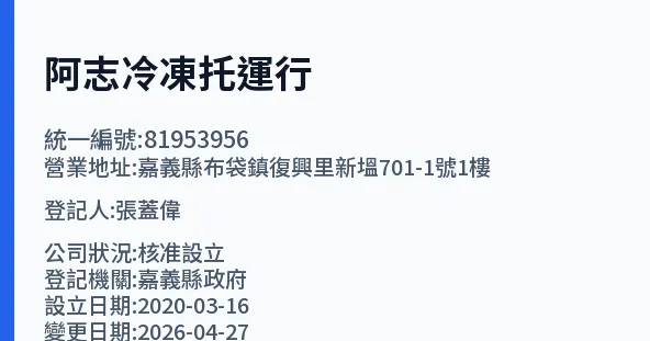 阿志冷凍托運行的照片-統編 81953956(嘉義縣) 公司登記資料與營業項目詳細圖表