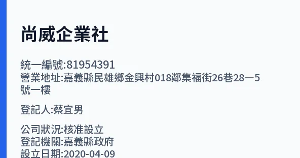 尚威企業社的照片-統編 81954391(嘉義縣) 公司登記資料與營業項目詳細圖表