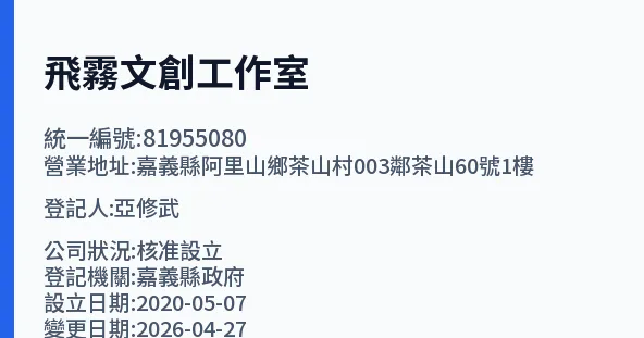 飛霧文創工作室的照片-統編 81955080(嘉義縣) 公司登記資料與營業項目詳細圖表