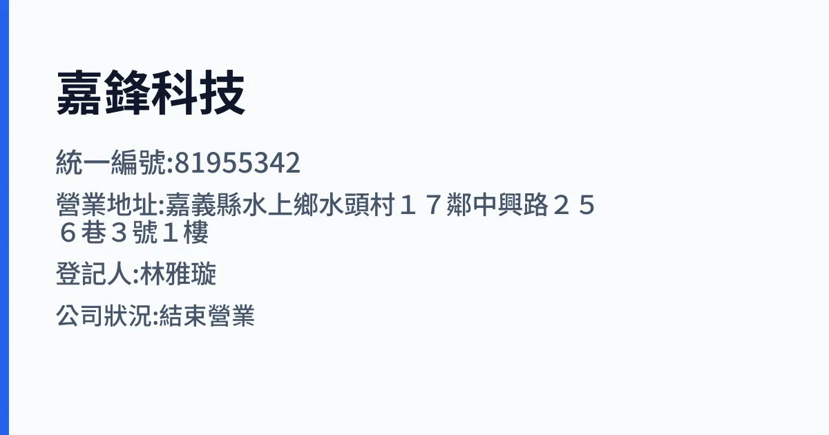 嘉鋒科技 - 統編 81955342(嘉義縣) 公司登記資料與營業項目詳細圖表