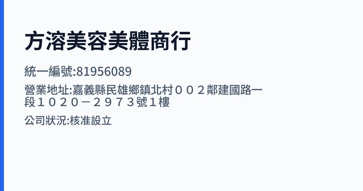 方溶美容美體商行 - 統編 81956089(嘉義縣) 公司登記資料與營業項目詳細圖表