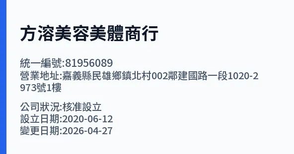 方溶美容美體商行的照片-統編 81956089(嘉義縣) 公司登記資料與營業項目詳細圖表