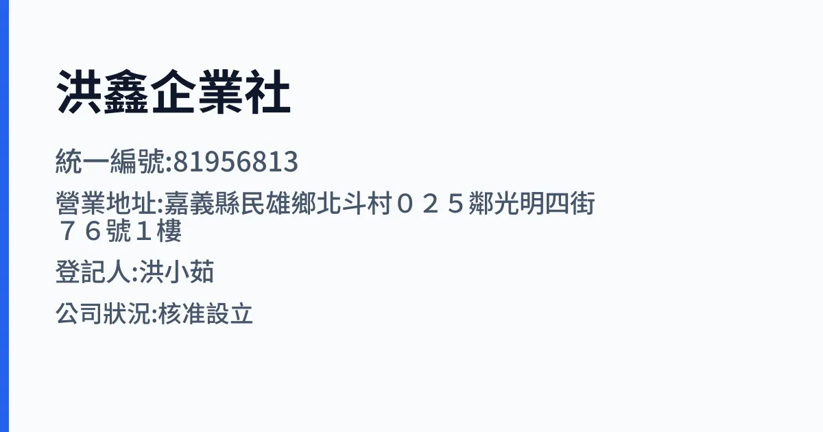 洪鑫企業社 - 統編 81956813(嘉義縣) 公司登記資料與營業項目詳細圖表
