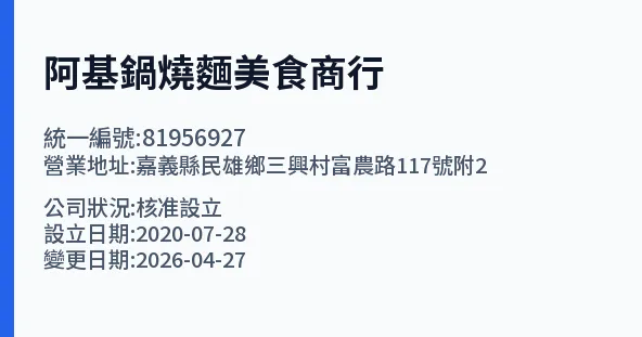 阿基鍋燒麵美食商行的照片-統編 81956927(嘉義縣) 公司登記資料與營業項目詳細圖表