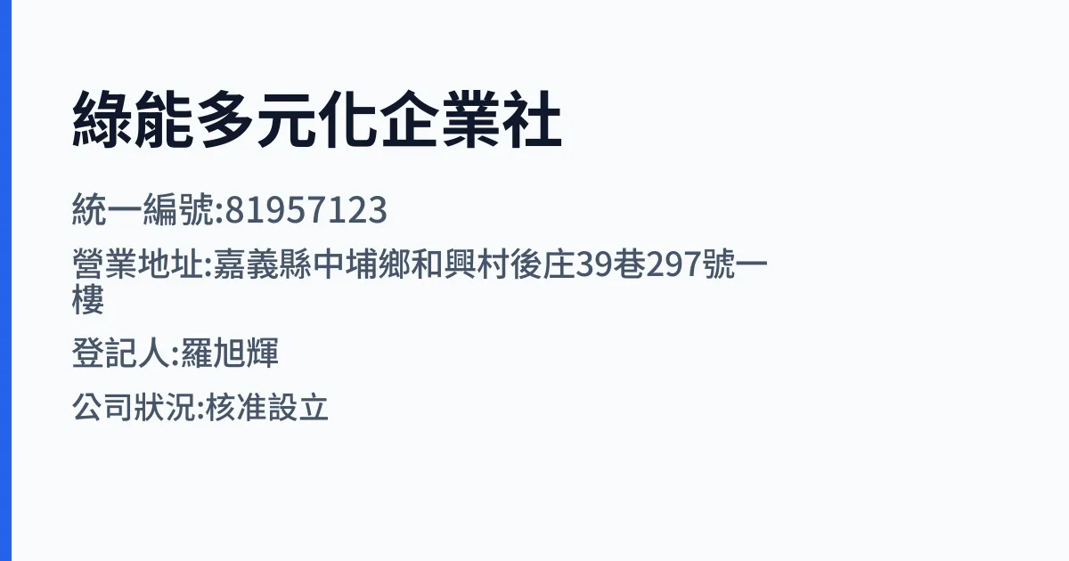 綠能多元化企業社 - 統編 81957123(嘉義縣) 公司登記資料與營業項目詳細圖表