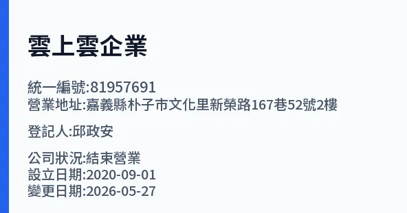 雲上雲企業的照片-統編 81957691(嘉義縣) 公司登記資料與營業項目詳細圖表