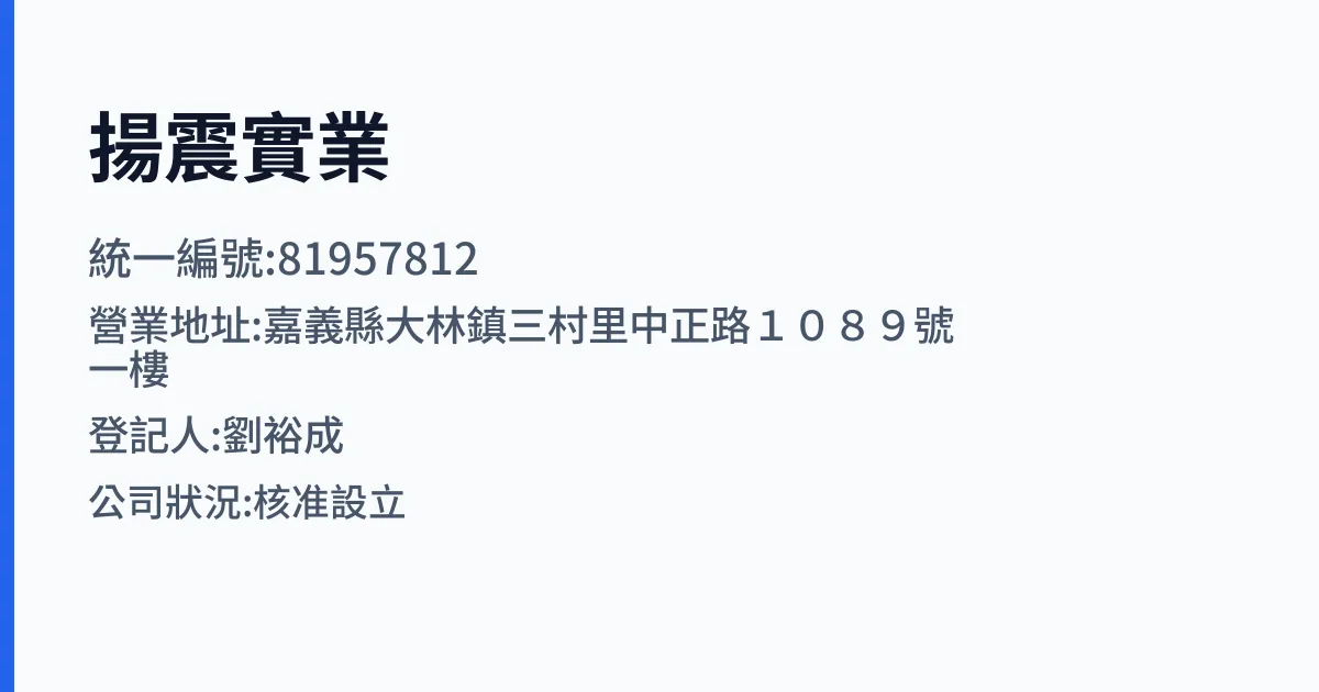 揚震實業 - 統編 81957812(嘉義縣) 公司登記資料與營業項目詳細圖表