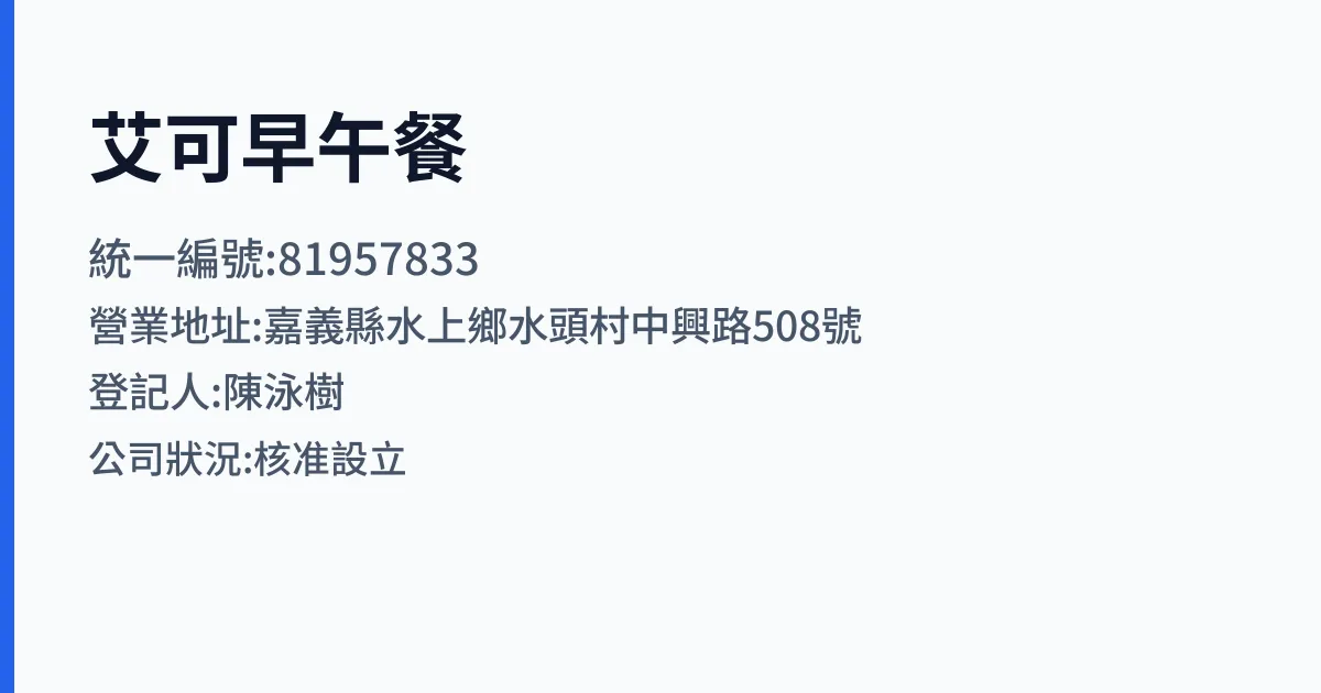 艾可早午餐 - 統編 81957833(嘉義縣) 公司登記資料與營業項目詳細圖表