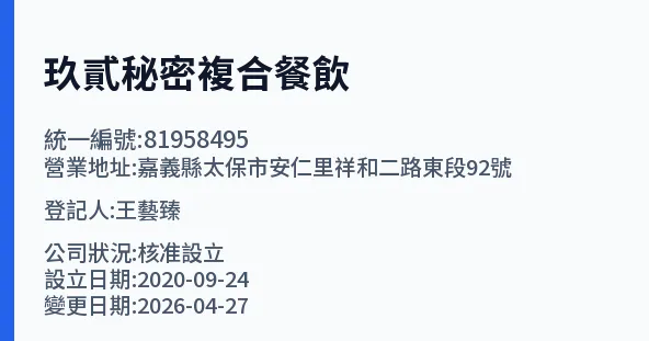 玖貳秘密複合餐飲的照片-統編 81958495(嘉義縣) 公司登記資料與營業項目詳細圖表