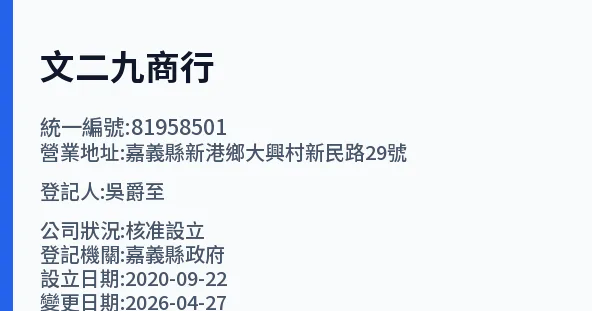 文二九商行的照片-統編 81958501(嘉義縣) 公司登記資料與營業項目詳細圖表