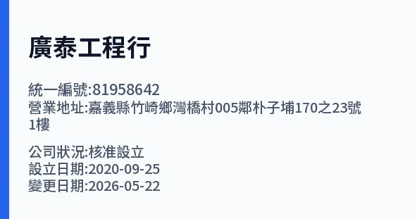 廣泰工程行的照片-統編 81958642(嘉義縣) 公司登記資料與營業項目詳細圖表