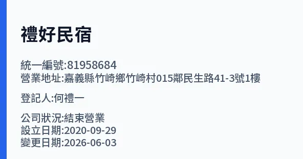 禮好民宿的照片-統編 81958684(嘉義縣) 公司登記資料與營業項目詳細圖表