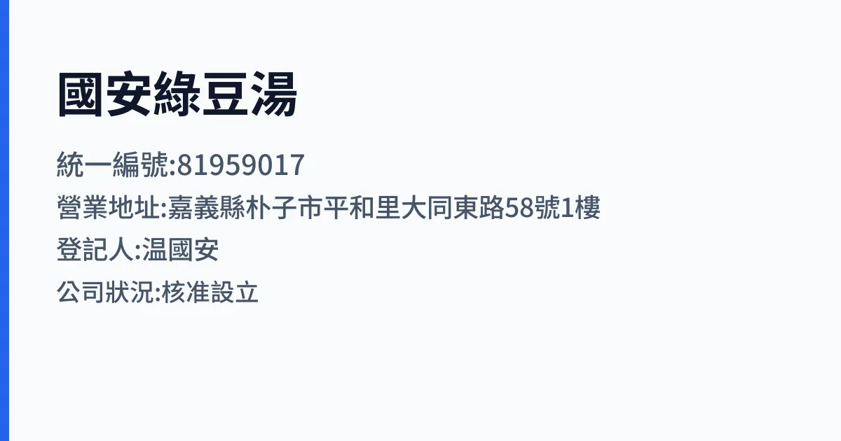 國安綠豆湯 - 統編 81959017(嘉義縣) 公司登記資料與營業項目詳細圖表