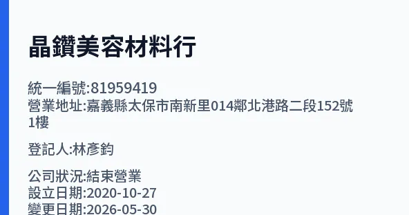 晶鑽美容材料行的照片-統編 81959419(嘉義縣) 公司登記資料與營業項目詳細圖表
