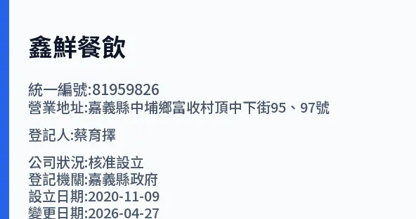 鑫鮮餐飲的照片-統編 81959826(嘉義縣) 公司登記資料與營業項目詳細圖表