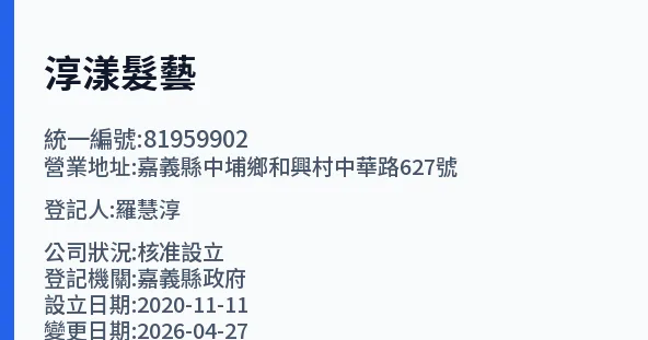 淳漾髮藝的照片-統編 81959902(嘉義縣) 公司登記資料與營業項目詳細圖表