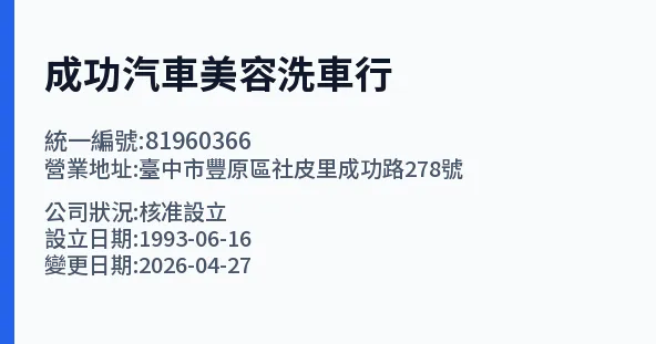 成功汽車美容洗車行的照片-統編 81960366(臺中市) 公司登記資料與營業項目詳細圖表