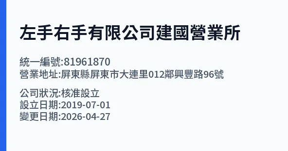 左手右手有限公司建國營業所的照片-統編 81961870(屏東縣) 公司登記資料與營業項目詳細圖表