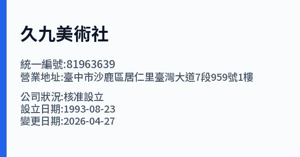 久九美術社的照片-統編 81963639(臺中市) 公司登記資料與營業項目詳細圖表