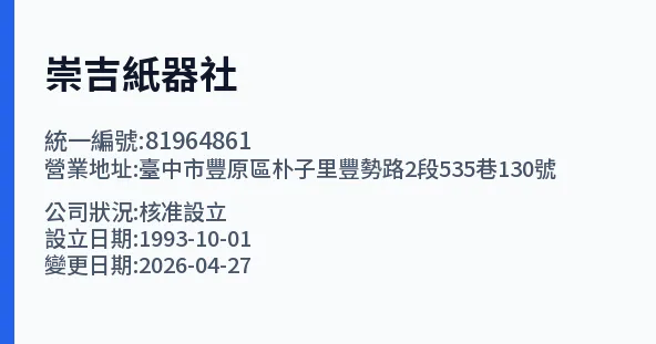 崇吉紙器社的照片-統編 81964861(臺中市) 公司登記資料與營業項目詳細圖表