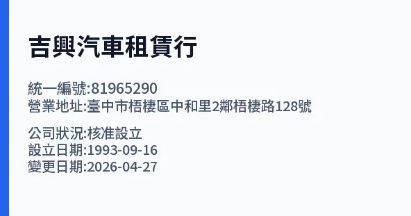 吉興汽車租賃行的照片-統編 81965290(臺中市) 公司登記資料與營業項目詳細圖表