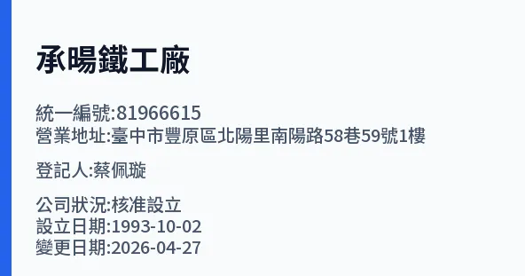 承暘鐵工廠的照片-統編 81966615(臺中市) 公司登記資料與營業項目詳細圖表