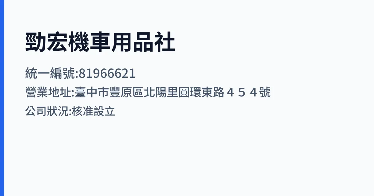 勁宏機車用品社 - 統編 81966621(臺中市) 公司登記資料與營業項目詳細圖表